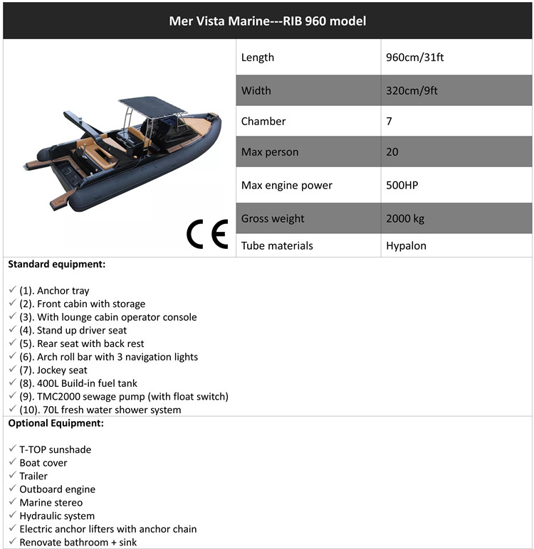 rib boat 960 with 500HP outboard engine for fishing